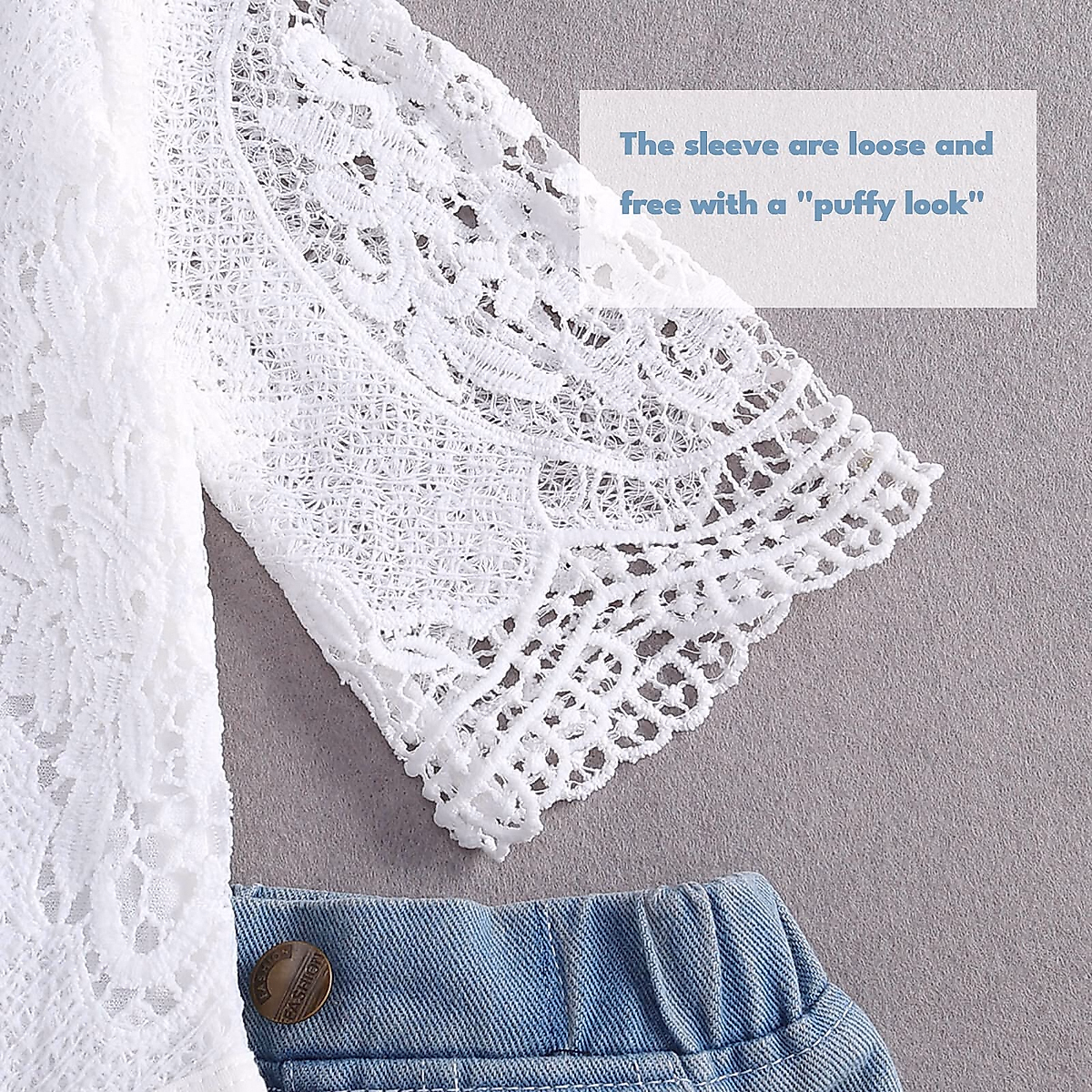 koramesis Baby Girl Clothes Set Lace Ruffle Romper Flare Denim Jean Pants and Headband 3Pcs Set Newborn Infant Outfits Set (White Straight, 3-6 Months)