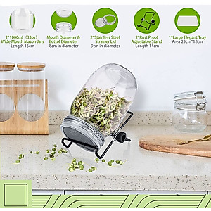 Sprouting Jar Kit, 2 Wide Mouth Mason Jars with Stainless Steel Strainer Lids Stands and Tray Germinator Set, Indoor Seed Sprouter Jar Kit for Growing Broccoli Beans