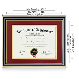 ELSKER&HOME 8.5x11 Document Frame - High Gloss Black Wood Color Frame - Made for Certificates Sized 8.5x11 Inch with Mat and 11x14 Inch Without Mat (Double Mat, Red with Golden Rim)