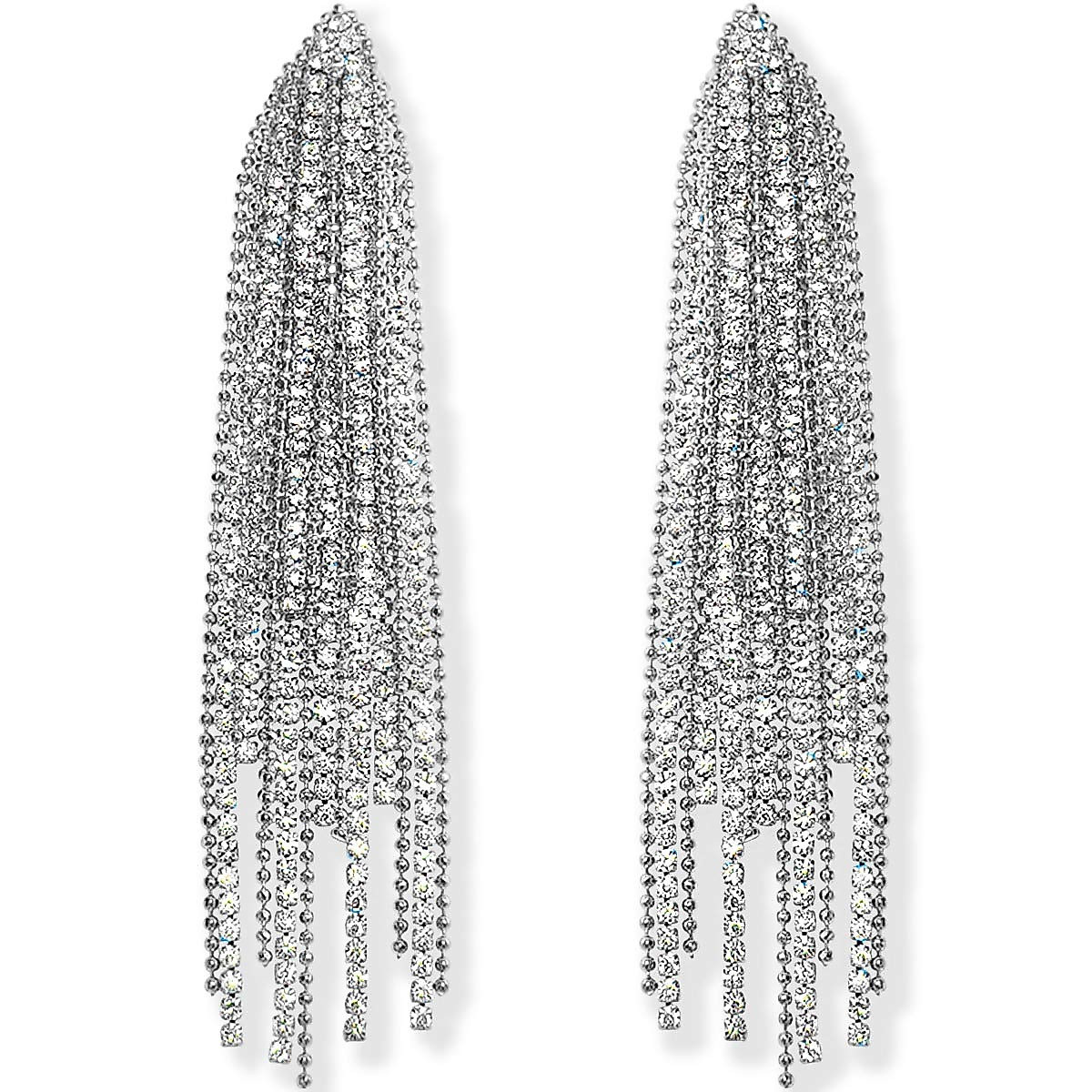 Humble Chic Simulated Diamond Earrings - Oversized Darling Waterfall Tassel CZ Statement Chandelier Studs, Cascade - Silver