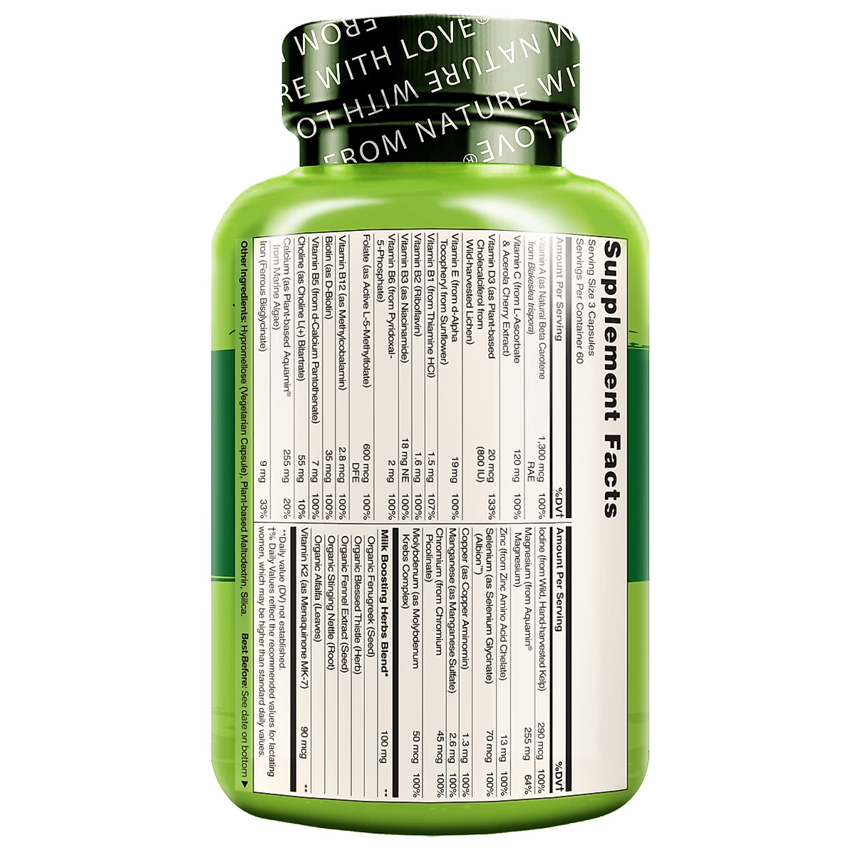 NATURELO Postnatal Multivitamin - Supplement for Breastfeeding Women - Plant-Based Vitamin D, Folate, Gentle Iron - for Nursing Mother, Baby - Post Natal Lactation Support (180 Count (Pack of 1))