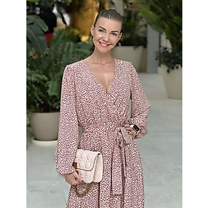 PRETTYGARDEN Women's 2024 Long Sleeve Ruffle Wrap V Neck Floral Maxi Dress Tie Waist Boho Chiffon Casual Flowy Long Dress(Pink,Large)