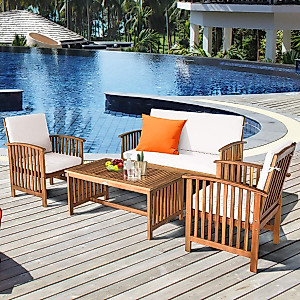 Tangkula Outdoor 4 Pcs Acacia Wood Sofa Set w/Water Resistant Cushions, Padded Patio Seating Chat Set w/Coffee Table for Garden, Backyard, Poolside (1, White)