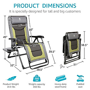 EVER ADVANCED Oversize XL Zero Gravity Outdoor Recliner with Cup Holder Padded Patio Lounger Chair with Adjustable Headrest Support 350lbs (Olive Green)