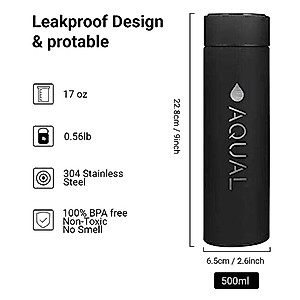 Aqual 17 Fl Oz500ml Stainless Steel Water Bottle with LED Temperature Display-Double Wall Vacuum Insulated | Leak Proof Keep Cold 24 Hrs and Warm 12 Hrs | Varied Colors Thermo Travel Modern Mug(Black)