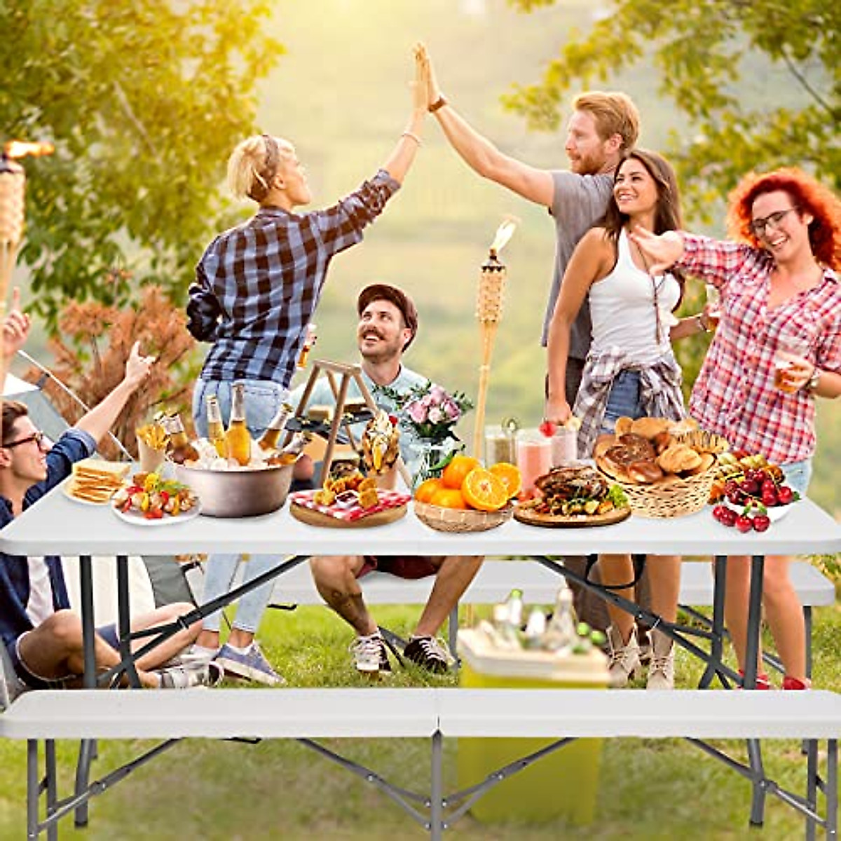 VINGLI 6 FT 3-Piece Portable Picnic Table Bench Set, Weather-Resistant Plastic Folding Camping Beer Table w/Carrying Handles, for Family Garden Patio Outdoor Activities Use, at Home and Commercial