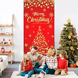 Christmas Door Cover Golden Christmas Tree Door Cover Banner Merry Christmas Glitter Snowflake Door Cover Photography Background for Winter Xmas New Year Holiday Party Decor