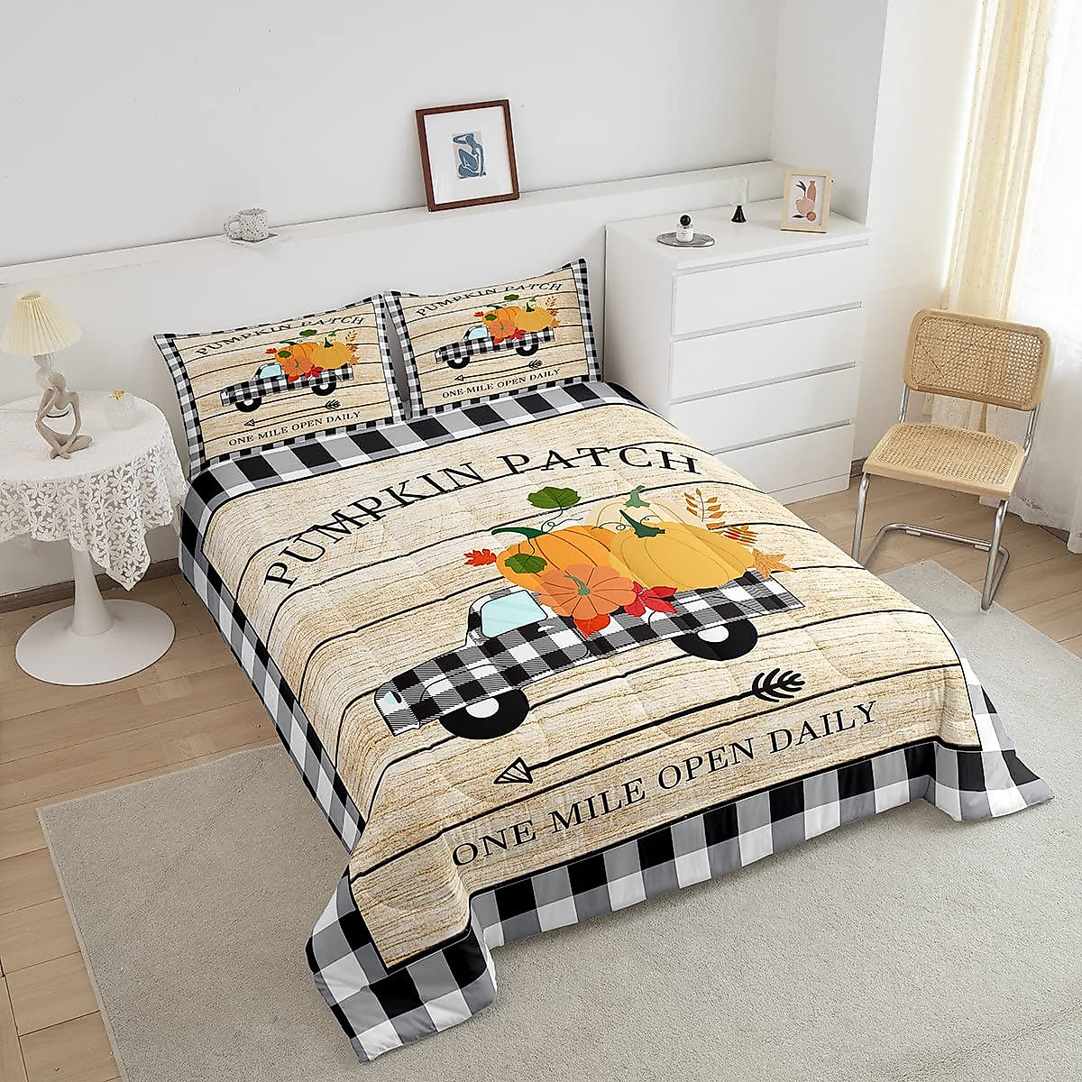 Homewish Pumpkin Grid Truck Bedding Set Queen Size,Rustic Farmhouse Comforter Set Kids Boys Girls Room Decor,Autumn Plants Themed Quilt Set Halloween Style Duvet Insert 3pcs with 2 Pillowcases