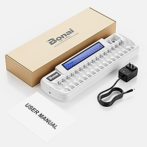 Bonai 16+2 Bay AA AAA 9V Battery Charger for NiMH NiCD Rechargeable Batteries Independent Control with Smart LCD Display and AC Wall Adapter, Battery not Included - White