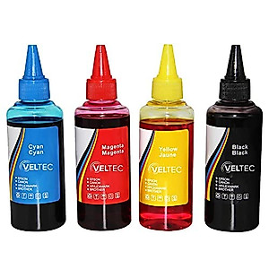 Veltec Premium Universal Refill Dye Ink for Epson, Canon, HP, Lexmark, Brother, Samsung, Dell, Kodak and Most Inkjet Printers – 4 Colors (3.4 oz Each Bottle)