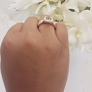 Dazzlingrock Collection 14K Round Morganite & White Diamond Bridal Split Shank Halo Engagement Ring Set, Rose Gold, Size 7