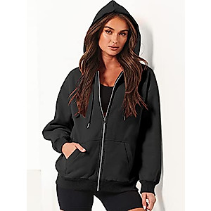 ANRABESS Women's Hoodies 2023 Fall Jacket Solid Athletic Tops Casual Long Sleeve Fleece Oversized Sweatshirts Cute Teen Girl Zip Up Clothes Black A989heise-S