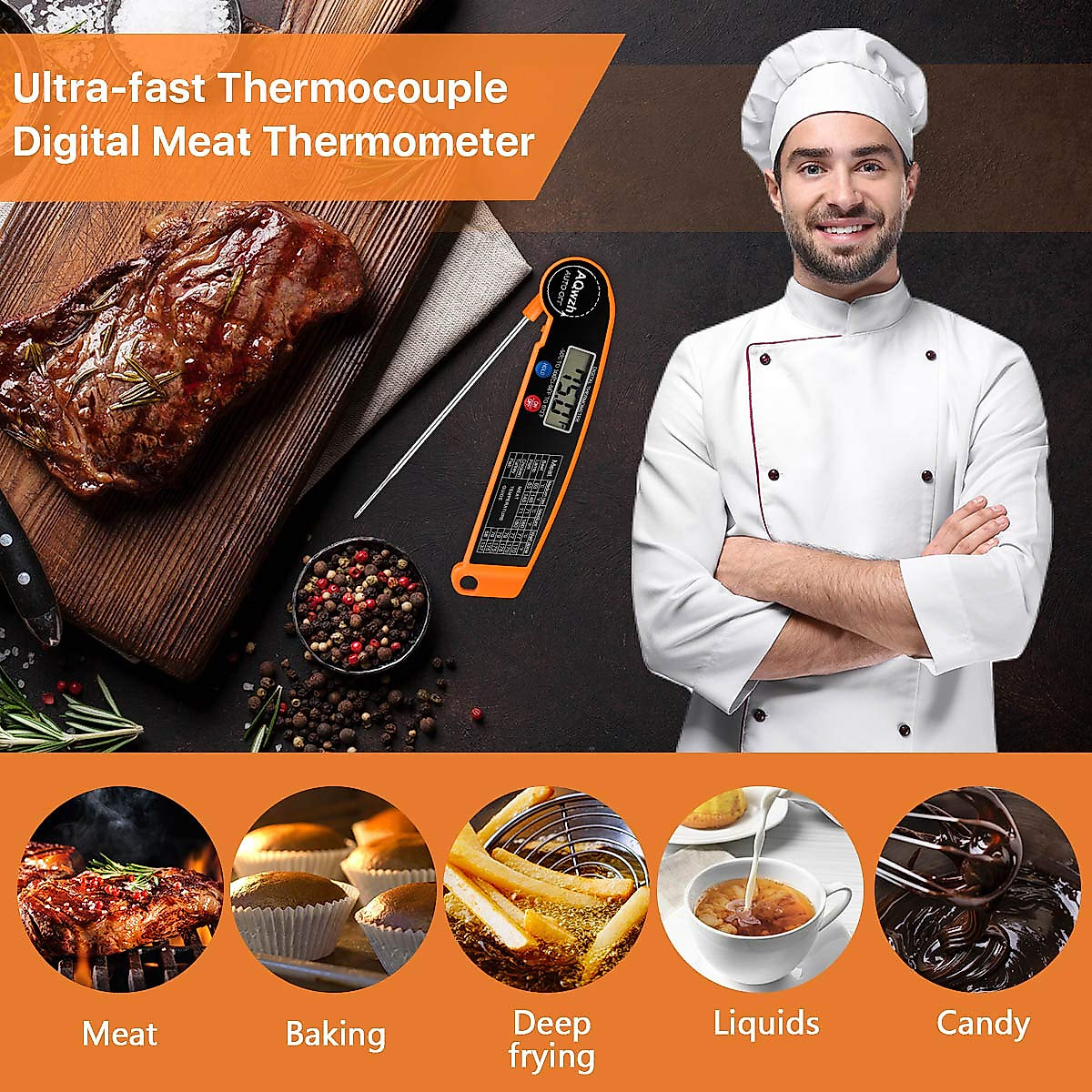 AQwzh PRO TP01 Digital Meat Thermometer for Kitchen BBQ Grill Temperature (Orange)