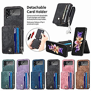 Detachable Retro Leather Zipper Wallet Folding Case for Samsung Galaxy Z Flip 4 5G Flip4 Flip3 2 in1 Cards Holder Phone Cover,Black,for Samsung Z Flip 3