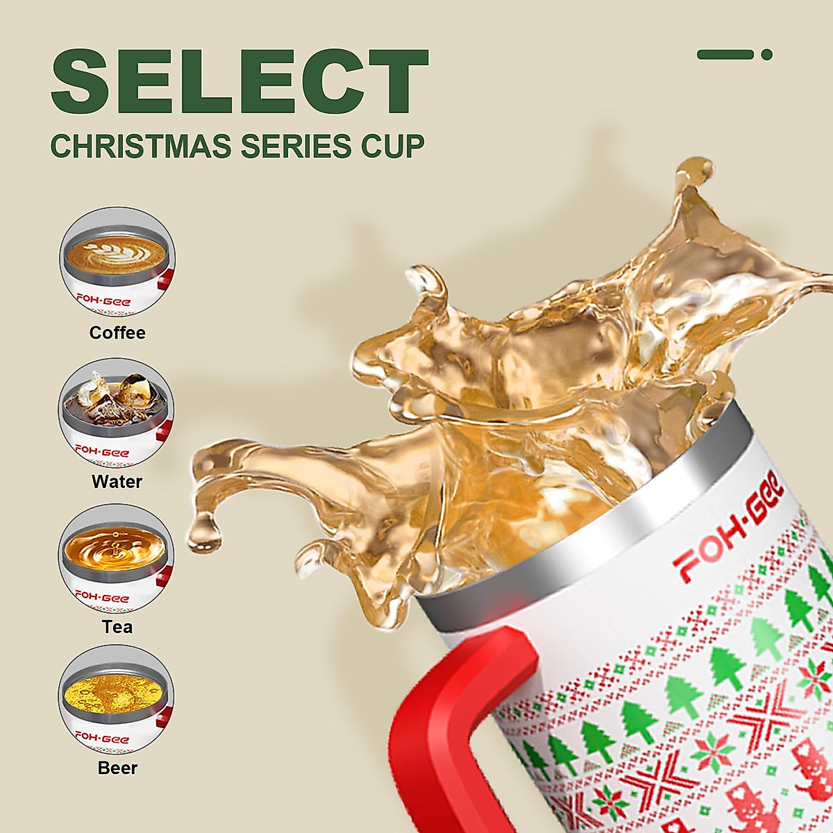 FOHGEE Christmas Style 40oz Stainless Steel Tumbler with Handle - Keep Drinks Cold & Hot All Season! (Stripes)