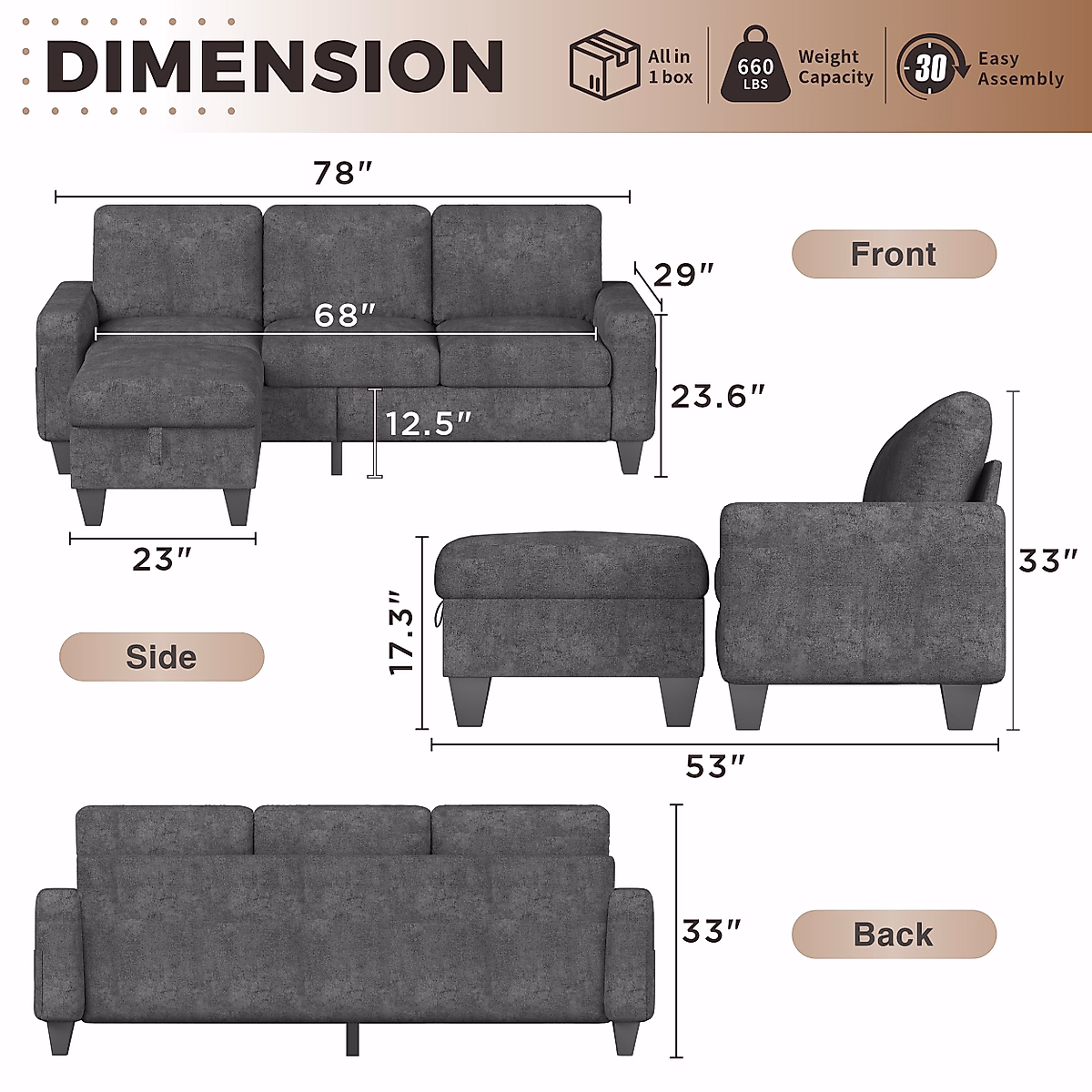 Youmumeub Sectional Sofa, L Shaped Couches for Living Room with Movable Ottoman Small Snowflake Sofas Modular Furniture Set for Apartment Small Space Loft