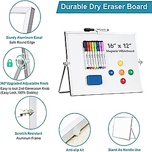 Dry Erase White Board, Cazeyoo Magnetic Desktop Whiteboard 16 x 12inch with Stand, 10 Markers, 4 Magnets and 1 Eraser, Portable Double-Sided White Board for Kids Drawing, Office, Home, School