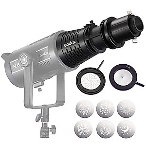Godox SA-17 Bowens Mount Adapter with Godox SA-P Projection Attachment + SA-06 Iris Diaphragm + SA-09-001 GOBO Set + SA-10 GOBO Set Holder Create Theatrical Effect for Bowens Mount LED Video Light