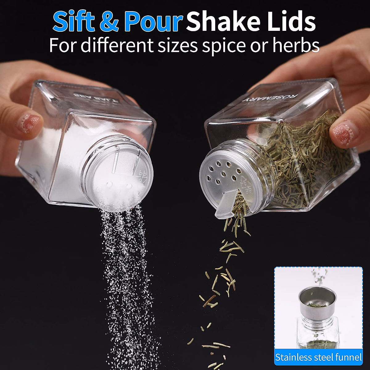 MIUKAA 49-Pack Cube Glass Spice Jars with 372 Labels, 49 Shakers, Lids, 4.5 oz Empty Square Spice Bottle, Reusable Clear Kitchen Spice Storage Containers