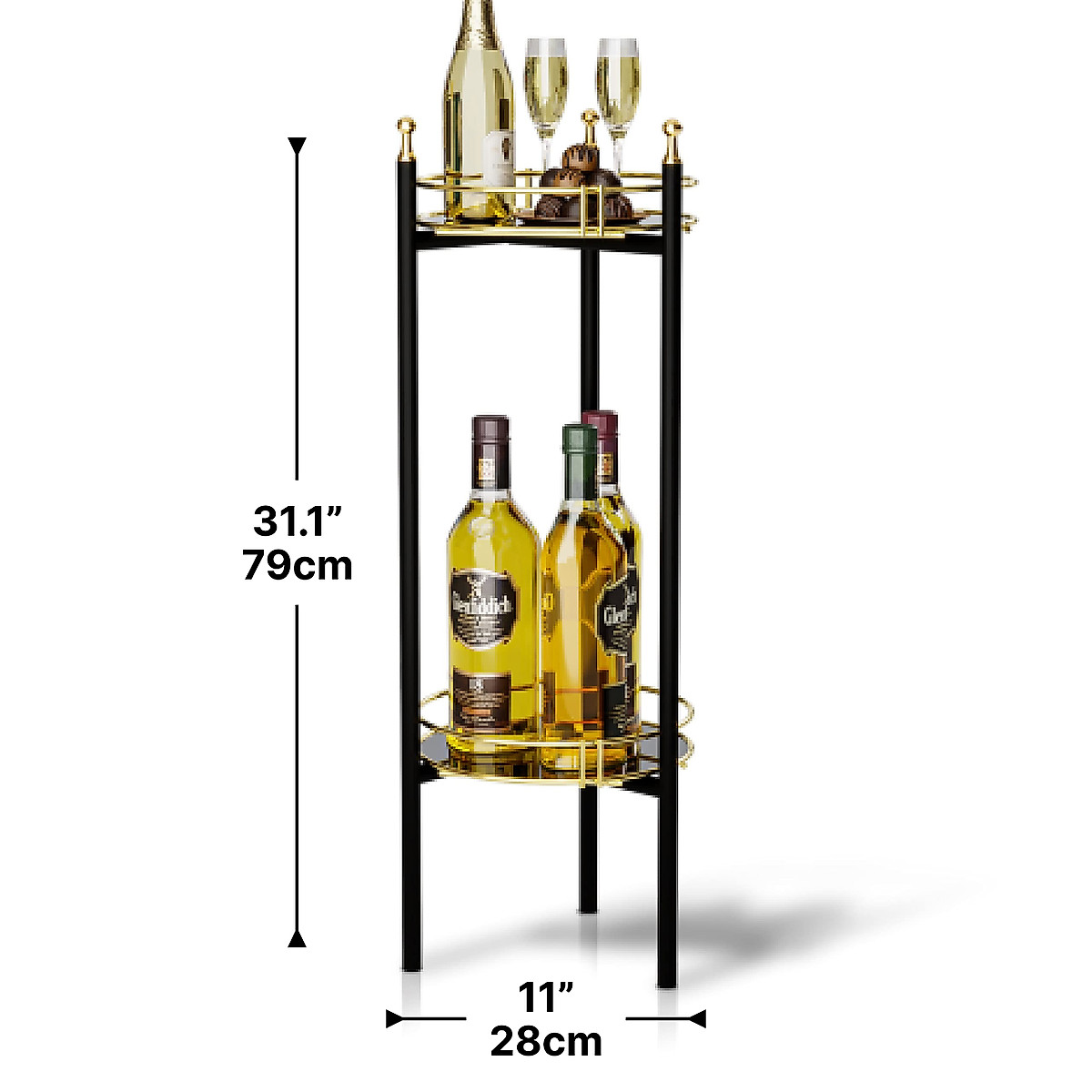 BENOLDY 2 Tier Plant Stand Table - Black Metal Frame with 2 Portable Golden Plate Tray, Plant Holder Stand, Serving Cart Tray and Wine Rack, Indoor/Outdoor Plant Shelf, Plant Pot Stand