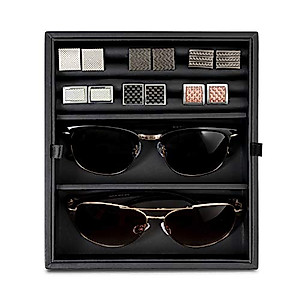 Glenor Co Valet Jewelry Box for Men - Holds 6 Watches, 12 cufflinks, 2 Sunglasses & Tray Storage - Mens Watch Case - CarbonFiber Organizer w Metal Accents, PU Leather & Large Glass Lid - Black
