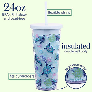 Vera Bradley Travel Tumbler with Lid and Straw, 24 Ounce Insulated Cup, Blue Plastic Double Wall Tumbler, Turtle Dream