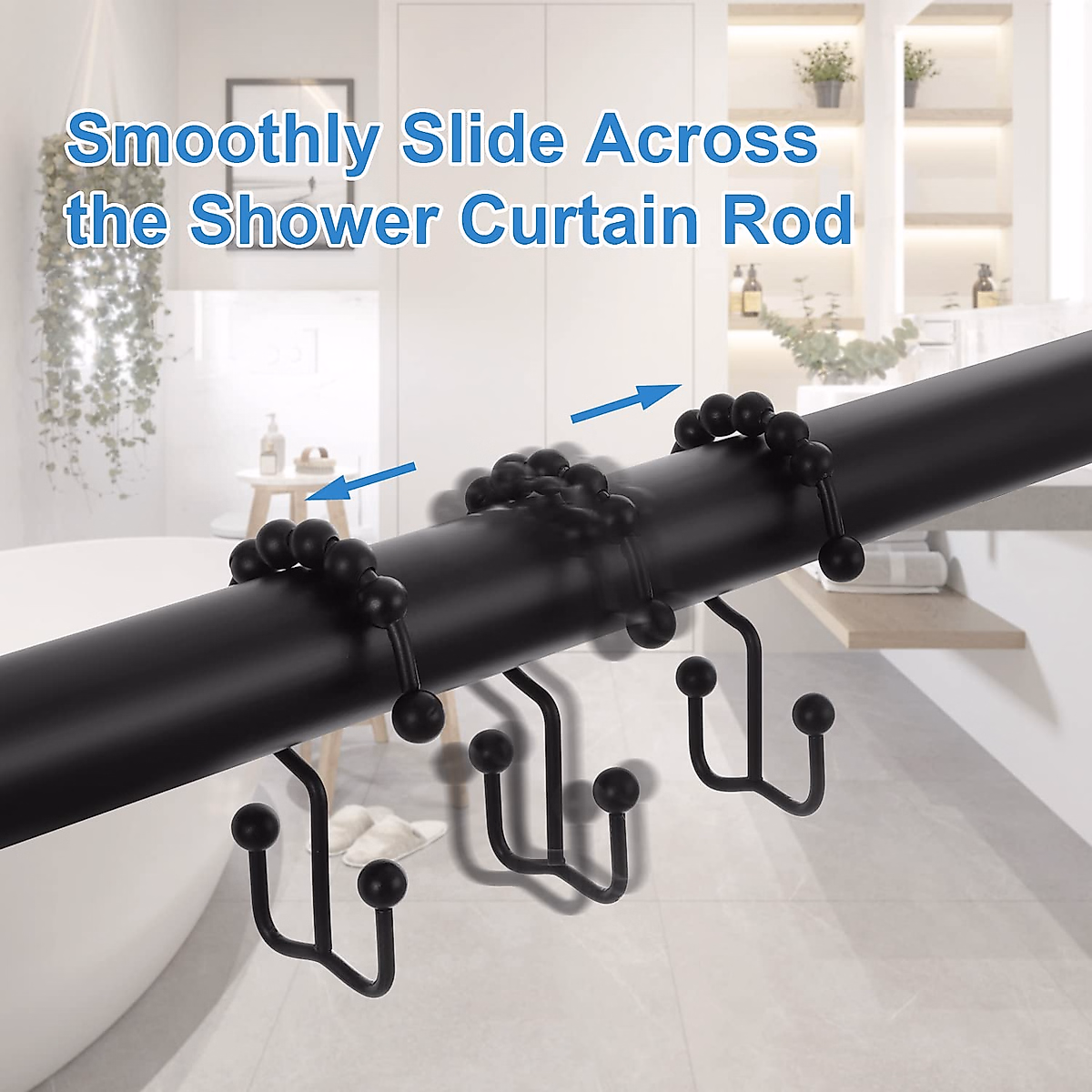 Shower Curtain Hooks Rings, TENOVEL Double Sided Shower Hooks Rust Proof for Bathroom Shower Rods Curtain, Durable Stainless Steel Bathroom Shower Curtain Hangers, Matte Black, Set of 12