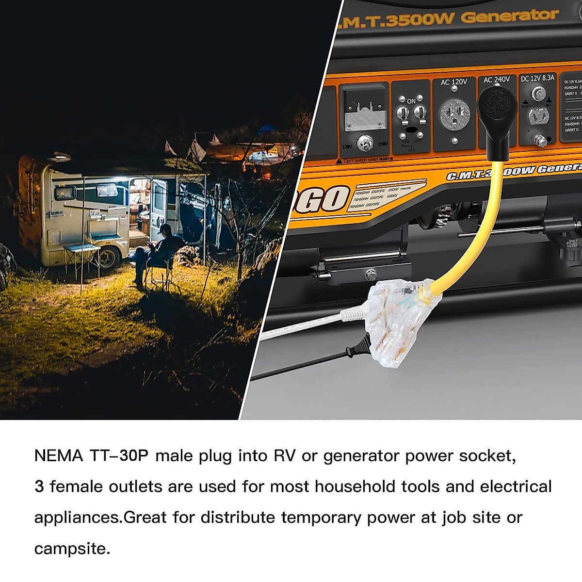 EXCELFU 30 Amp to 110 Adapter, 30 Amp to 15 Amp RV Adapter Extension Cord, NEMA TT-30P Male to 5-20r Female LIT 3-Way Outlet Splitter with Lighted End for RV Generators, 125 Volt, 10AWG, 2ft