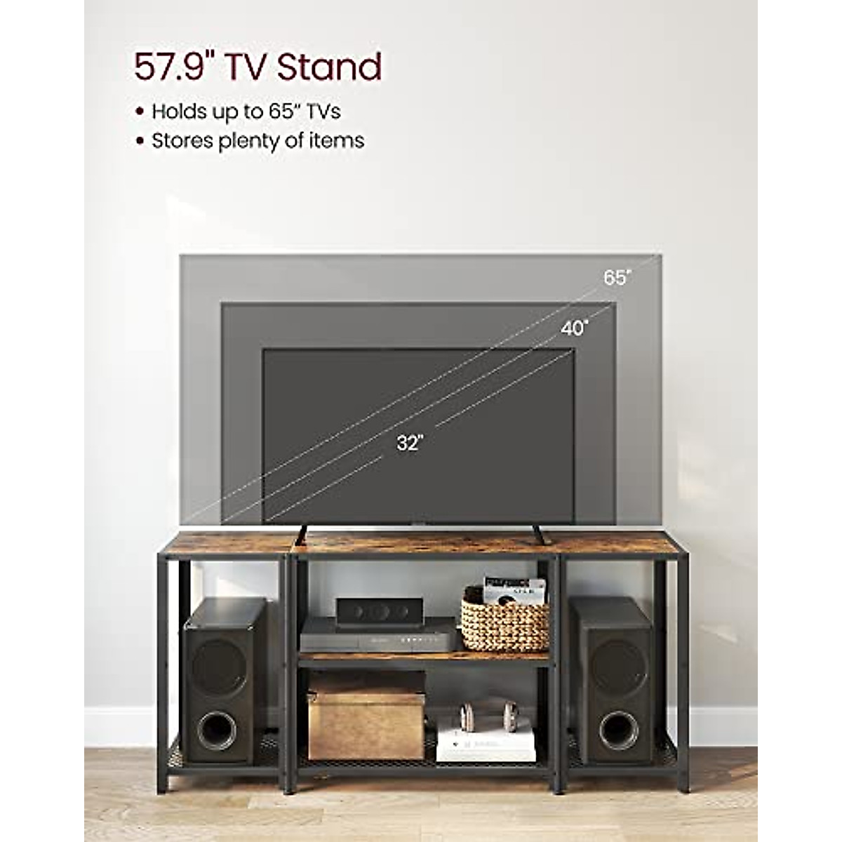 VASAGLE TV Stand for 65 Inches TVs, Industrial Entertainment Center, Modern TV Console with Open Storage Shelves for Living Room, Bedroom, Rustic Brown and Black ULTV105B01