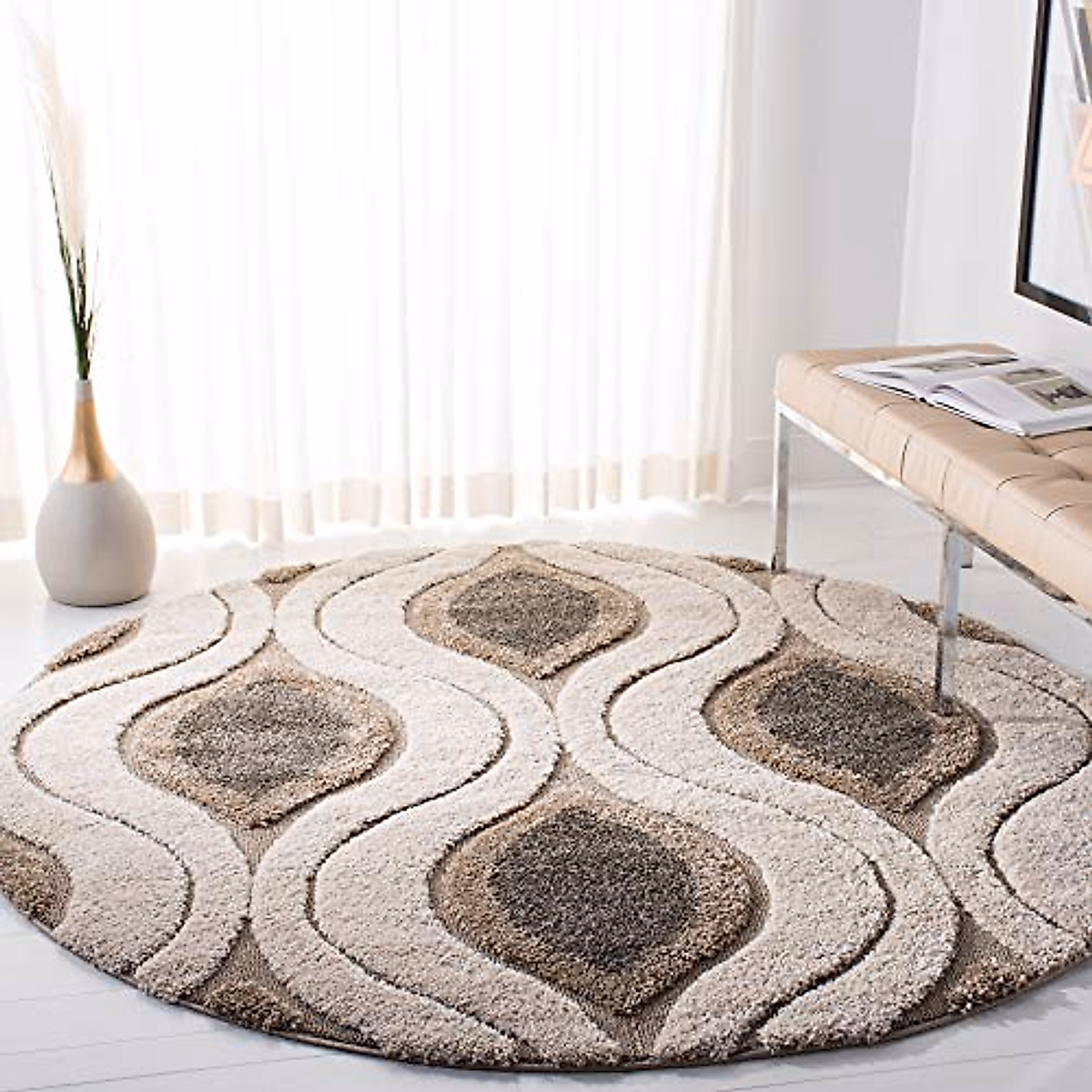 SAFAVIEH Florida Shag Collection 4' Round Cream / Smoke SG461 Modern Ogee Non-Shedding Living Room Bedroom Dining Room Entryway Plush 1.2-inch Thick Area Rug