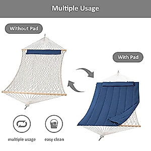 SUNCREAT Hammocks Outdoor Double Hammock with Hardwood Spreader Bar, Heavy Duty Cotton Rope Hammock with Polyester Pad, Dark Blue