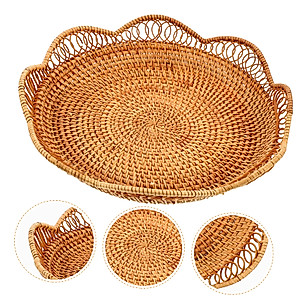 ADOCARN 1pc Rattan Fruit Bowl Woven Fruit Basket Straw Bread Basket Wicker Fruit Basket for Kitchen Fruit Holder Table Fruit Serving Desktop Organizer Egg Basket Food Basket Wooden Round