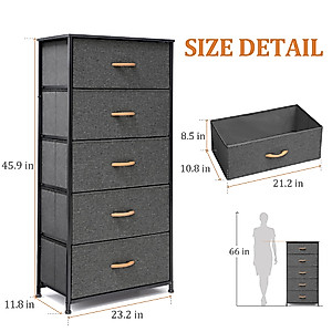 VredHom Fabric Dresser for Bedroom, Tall Skinny dresser with 5 Wide Drawers, Storage Organizer Tower, Steel Frame Wooden Top for Closet, Living Room, Hallway, Nursery(Grey)