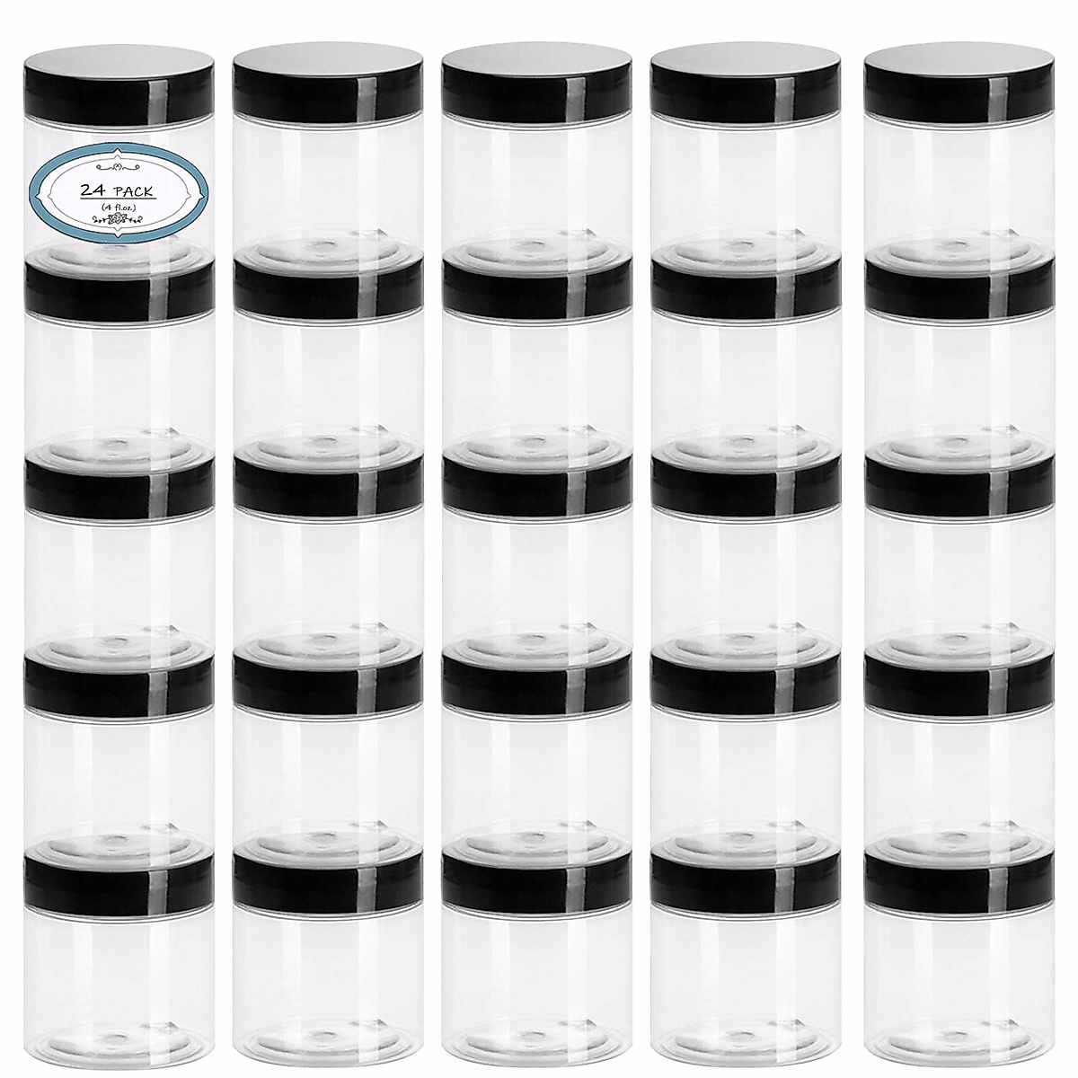 24 Pack 4 oz Plastic Containers with Lids and Labels Clear Empty Plastic Body Butter Jars for Beauty Products, Body Scrubs, Cosmetic, Face Creams and Lotion