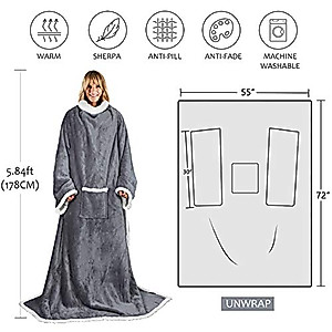 Tirrinia Sherpa Wearable Blanket Ultra Soft Comfy Warm Plush Full Body Throw with Sleeves, Reading Wrap TV Blankets Robe Cover for Adult Grandma Women and Men, Grey