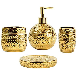 RXLVCKY Gold Bathroom Accessories Set, 5-Piece Ceramic Gift Set, Include Toothbrush Holder, Toothbrush Cup, soap Dispenser, soap Dish, Trash can