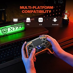 NYXI Wireless Controller for PS4, Hall Effect Joysticks Triggers, Transparent Controller with Breathing RGB Light, Programmable Buttons, 3.5mm Audio Jack Compatible with PS4/PC/iOS/Android