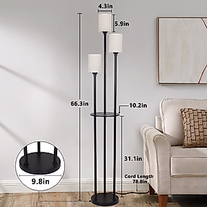 Stepeak Floor Lamp with Shelves, Modern Floor Lamps for Living Room, 3-Lights Standing Lamp with Linen Shade and Foot Switch, Industrial Standing Lamps for Bedroom, Black Tall Table Lamp for Office