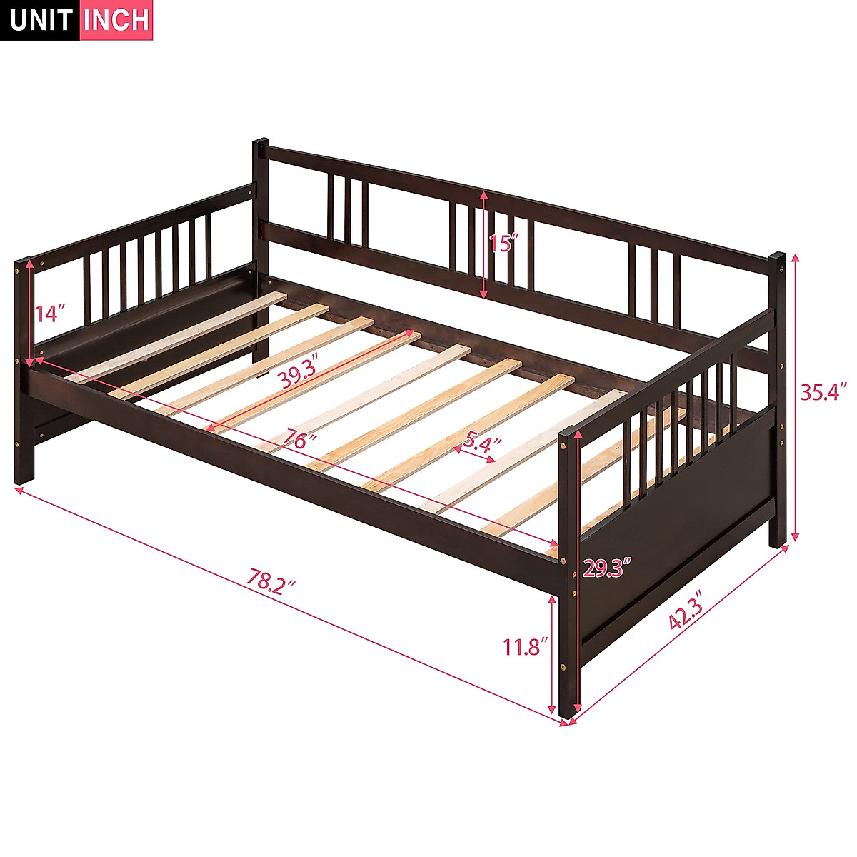 Royard Oaktree Solid Wood Daybed, Twin Size Daybed with Three-Side Rail, Modern Sofa Bed Frame with Wooden Slats Support Mattress Foundation for Bedroom, Living Room, Guest Room, Espresso