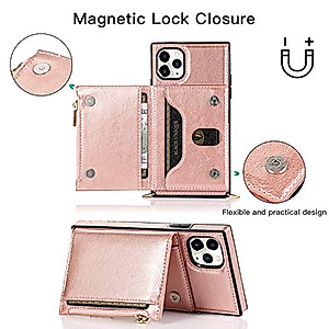 LUVI Compatible with iPhone 12 Pro Max Wallet Case with Crossbody Neck Strap Lanyard Purse Handbag Shoulder Strap Cover with PU Leather Credit ID Card Holder Kickstand Stand Protection Case Rose Gold