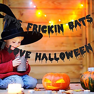 Black Glittery It's Frickin Bats I Love Halloween Banner- Halloween Theme Party Decorations,Halloween Party Supplies,Mantle Home Decor,Yard Decor