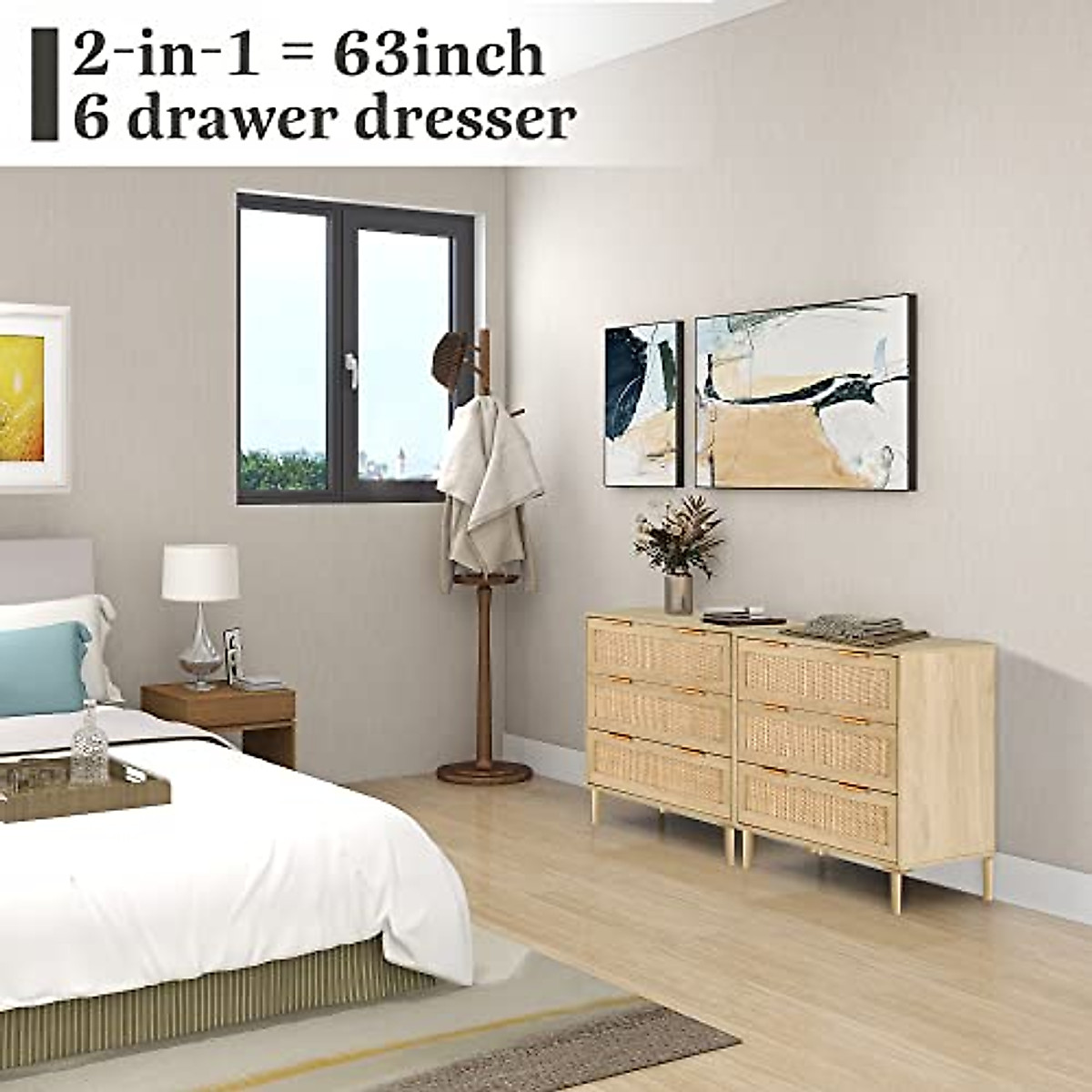 HOPUBUY 3 Drawer Dresser for Bedroom, Rattan Modern Closet Dressers Chest of Drawers, Wood Oak Storage Chest for Kids Bedroom, Hallway, Living Room