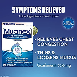 Mucinex Chest Congestion, 12 Hour Extended Release Tablets, 40ct, 600 mg Guaifenesin Relieves Chest Congestion Caused by Excess Mucus, 1 Doctor Recommended OTC Expectorant (Pack of 2)