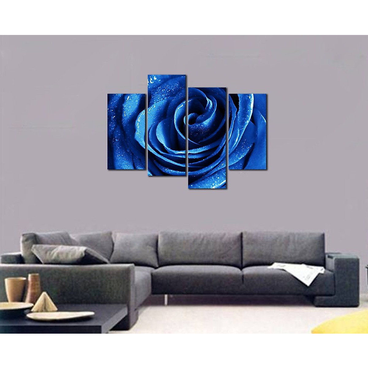 Wieco Art Blue Rose with Dew Canvas Wall Art Abstract Romantic Flower Pictures Paintings Wall Art for Living Room Bedroom Decorations Wall Decor Large 4 Panels Modern Canvas Prints Artwork