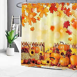 MEUNEAR Farmhouse Fall Shower Curtain and Bath Mat, Orange Pumpkin Sunflower and Maple Leaf Shower Curtain with Bathroom Rugs, 72X72 inches Autumn Thanksgiving Shower Curtains Set