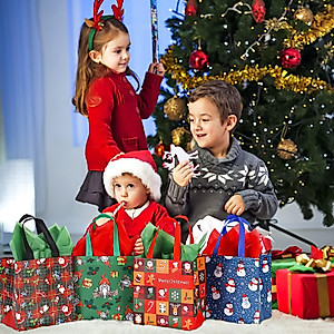 YANGTE 16 Pack Small Christmas Gift Bags with Tissue Paper, Non-Woven Christmas Treat Bags Reusable Tote Bags with Handles for Kids Candy Goodie Bags Christmas Bags Xmas Party Favors