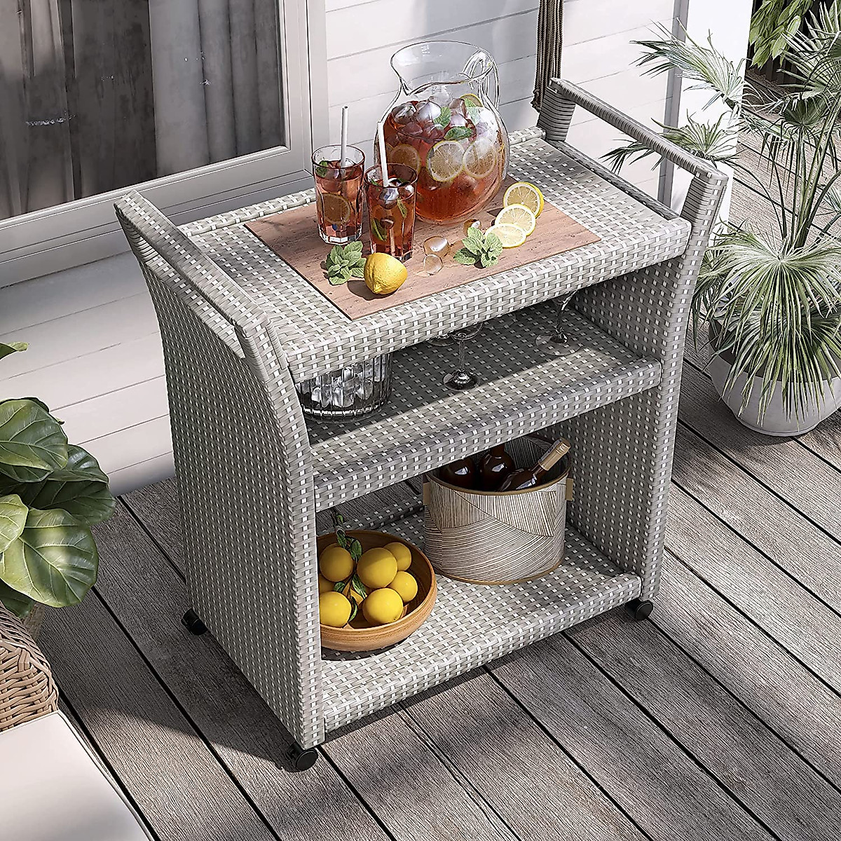PayLessHere Outdoor PE Wicker Side Table Patio Coffee Table, Wicker Rattan Porch Coffee Table with Storage Shelf, Aluminum Frame, Gray