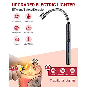 Candle Lighter Electric Arc Lighter with USB Rechargeable Battery Plasma Flameless & Windproof Lighters Double Safety Switch (Obsidian Black)