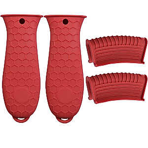 HZMM 4 Pack Silicone Hot Handle Holder, Assist Pan Handle Sleeve Pot Holders Cast Iron Skillets Handles Grip Covers Nonslip Heat Resistant for Pots Enameled Casserole Metal Frying Pans Cookware, Red
