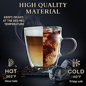Glass Coffee Mugs 12 oz - Double Wall Insulated Cups - Large Glasses Set of 4 - Premium Gift Box - Tea,Latte,Cappuccino,Espresso on Saucer - Designed in USA Borosilicate Glassware - Dishwasher Safe…
